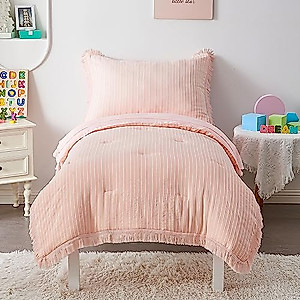 SUCHDECO Light Coral Toddler Bedding Set for Girls Pink Comforter Sets with Jacquard Stripes, Tassel Fringe 4 Pieces - Comforter, Fitted Sheet, Flat Sheet, Pillowcase