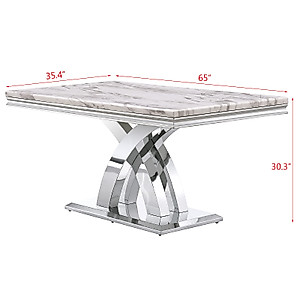 AUZ Dining Table, 65" Rectangular Modern Kitchen and Dining Room Table with Silver Double X Base in White Silver