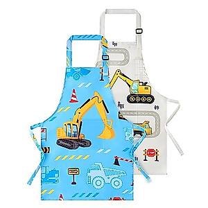 WERNNSAI 2 Pack Kids Aprons - Truck Kids Art Aprons for Boys Waterproof Toddler Chef Aprons Cooking Baking Painting Gardening Apron for Kids with Pocket Kitchen Classroom Art Smocks Age 6-10 Years