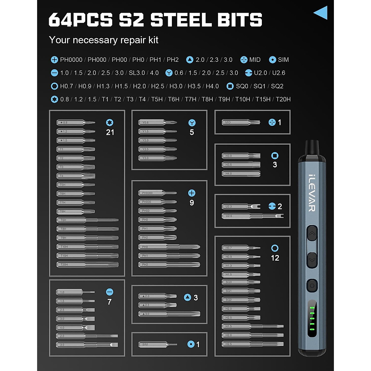 ILEVAR 68-in-1 Electric Precision Screwdriver Set - Mini Cordless Repair Tool for Eyeglasses, Laptops, Console - 5 Torque Settings, Magnetic Case, Torx & Phillips Bits