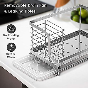 ODesign Sink Caddy, Large Kitchen sink Organizer Caddy Sponge Scrubber Brush Dishrag Dishcloth Holder Rack with Drain Pan Tray Countertop Stainless Steel Rustproof