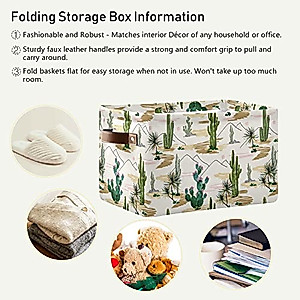 Large Foldable Storage Basket Beautiful Floral Tropical Cactuses Succulents Storage Bin Canvas Toys Box Fabric Decorative Collapsible Organizer Bag with Handles for Bedroom Home