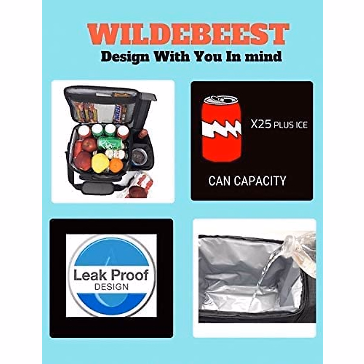 Wildebeest Large Lunch Box Insulated Leakproof Cooler Bag Reusable Lunch Bag for Adult (Grey)