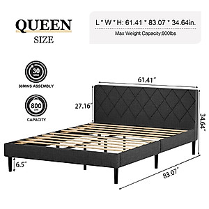 ZIEUNS Queen Size Bed Frame, Upholstered Platform Bed Frame with Button Tufted Headboard, Mattress Foundation, Wooden Slats Support, No Box Spring Needed, Super Easy Assembly, Dark Grey