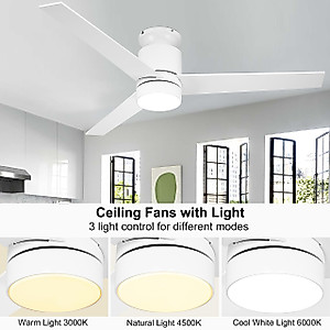 Flybull 52'' Ceiling Fans with Lights Flush Mount, Low Profile Ceiling Fans with Lights and Remote - 3 Blades, 6 Speed, Quiet DC Motor, Modern Ceiling Fan for Bedroom Porch