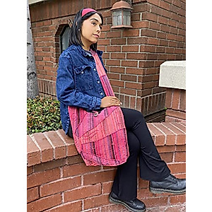 Pink Embroidered Peace and Sunrise Sling Crossbody Purse Boho Handbag Large