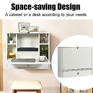 Tangkula Wall Mounted Desk, Folding Wall Table Floating Desk Wall Mount Laptop Desk, Space Saving Wall Mounted Table Wall Desk with Storage Drawer & Shelves (White)