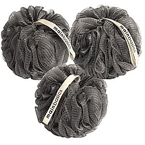 MainBasics Charcoal Infused Bath Shower Loofah Sponge Pouf Body Wash Scrubber (Set of 3)
