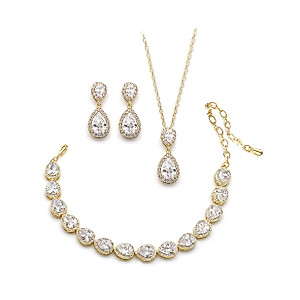 UDYLGOON Cubic Zirconia Crystal Bridal Jewelry Set for Bride Bridesmaid Wedding Prom Teardrop Necklace Earrings Bracelet Jewellery Set (Gold)
