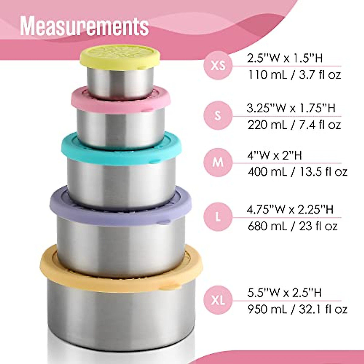 Stainless Steel Containers with Lids, Metal Food Storage Container, Snack Bowls, 5 Pack, Silicone Lid, Nesting, Stackable, Round, Lunch Meal Prep, Salad Bowl, Bento Box for Kids, Toddlers, Houseables