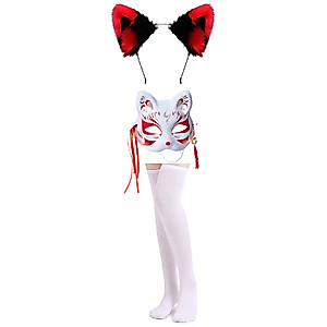 Elibelle Japanese anime red and Black kimono fox cosplay costume Furry Fox Ear with socks L