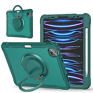 SLLMYYX Case for iPad Pro 11 inch 2022/2021/2020/iPad Air 5th/4th, 360 Rotating Hand Grip Kickstand Heavy Duty Protective Cover with Shoulder Strap (Midnight Green)