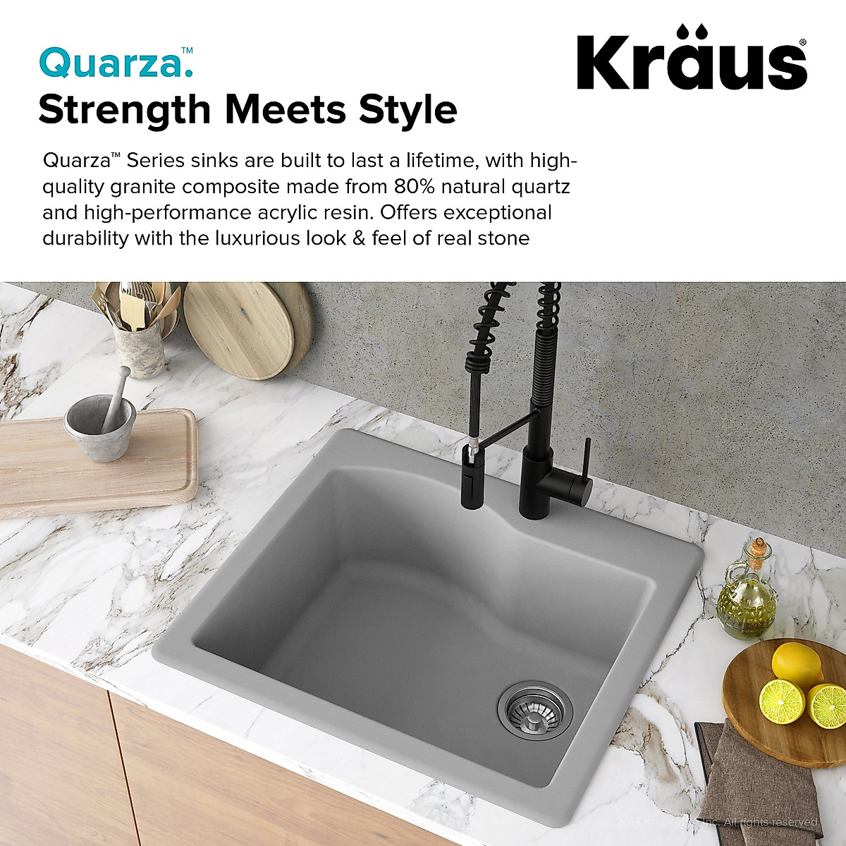 KRAUS KGD-441 Quarza 25-inch Dual Mount Single Bowl Granite Kitchen Sink in Grey