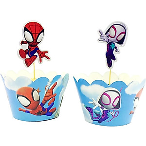 12 Pcs Spider and His Friends Cupcake Decorations, Double Sided Toppers and Wrappers, Superhero Decorations, Boys and Girls Birthday Party Supplies