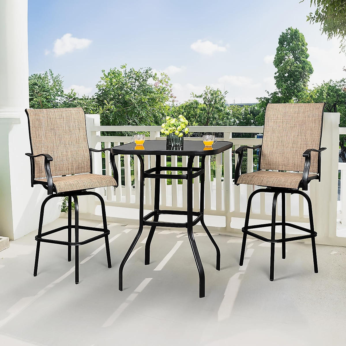 VINGLI 2 Pieces Outdoor Swivel Bar Stools, Patio Metal Bar Chairs Set of 2, All-Weather Bar Height Outdoor Chairs for Outside, Yard, Lawn, Poolside and Garden (2 Chairs, Brown)