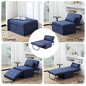 Sofa Bed, 4 in 1 Multi-Function Folding Ottoman Breathable Linen Couch Bed with Adjustable Backrest Modern Convertible Chair for Living Room Apartment Office,Blue