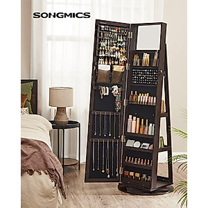 SONGMICS 360° Swivel Jewelry Cabinet, Lockable Jewelry Organizer with Full-Length Mirror, Rear Storage Shelves, Interior Mirror, Jewelry Armoire, Gift Idea, Brown UJJC006R01