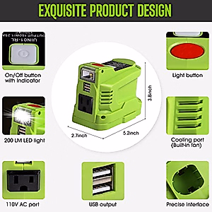 Laimiao for Ryobi 150W Portable Power Supply Inverter,Power Inverter for Ryobi 18 Volt Lithium Battery USB Charger Adapter,AC 110V-120V 150 Watt Powered Inverter Generator with LED Light