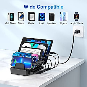 ZXSWONLY Charging Station for Multiple Devices, 50W 6 Ports USB Charging Station Organizer with 6 Cables Compatible with Cellphone, Tablet, Kindle, and Other Electronic (White) (Black)