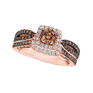 BRANDY DIAMONDORABLES♥ 18K Rose Gold Silver Chocolate Brown Solitaire Princess Halo Bridal Love Ring Set 2 Ctw.