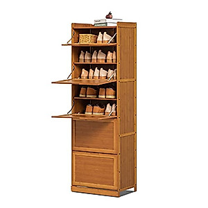 MoNiBloom Bamboo 9-Tier Shoe Organizer Storage Cabinet with Pull-Down Door 27-Pair Heels Boots Freestanding, Entryway, Brown