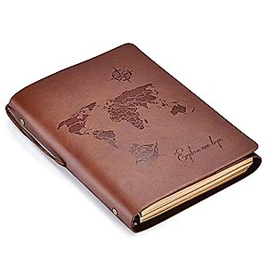 A5 Refillable Journal Leather Notebook Diary Vintage Sketchbook Travel Journal for Girls Women Mens,"World Map" 6 Ring Binder A5 Sketch Book 200 Blank Pages Journal for Writing Drawing