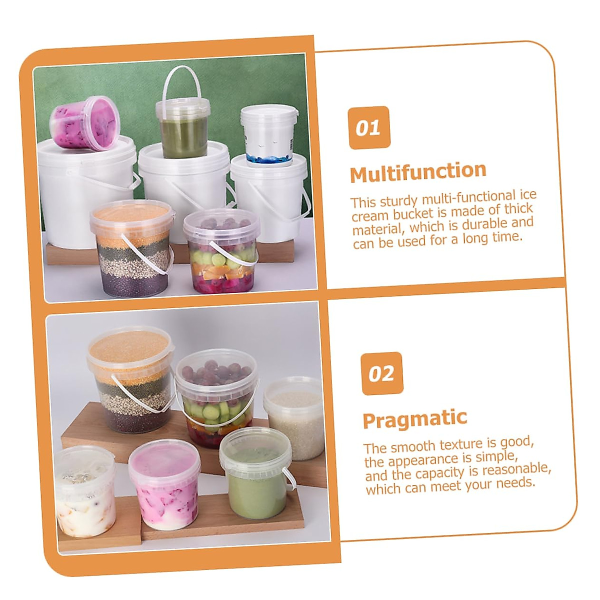 DOITOOL 3Pack Clear Plastic Bucket with Lid and Handle (1L) Ice Cream Tub with Lids, Food Grade Round Plastic Pail Container with Lid, Freezer Food Storage Containers