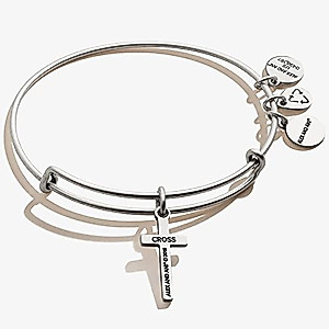 Alex and Ani Divine Guides Expandable Bangle Bracelet for Women, Cross Charm, Rafaelian Silver Finish, 2 to 3.5 in