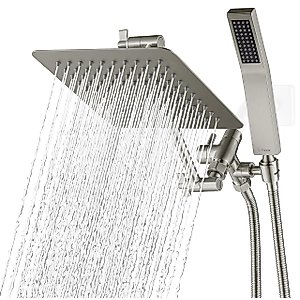 G-Promise All Metal 8" Dual Square Shower Head Combo | Rain Shower Head | Handheld Shower Wand | Adjustable | Smooth 3-Way Diverter | 71" Extra Long Hose - A Bathroom Upgrade (Brushed Nickel)