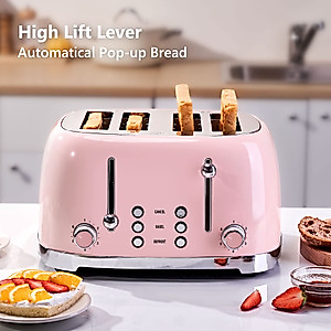 REDMOND 4 Slice Toaster Retro Stainless Steel Toasters with Bagel Defrost Cancel Function, 6 Browning Settings, Pink, ST033
