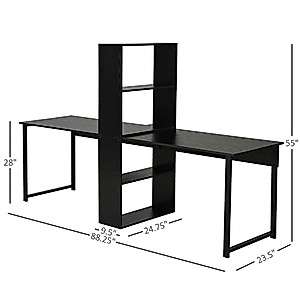 HOMCOM 88" Extra Long 2-Person Computer Desk with Storage Shelves Combo, Double Workstation Storage Study Writing Table for Home Office, Bookshelf, Black