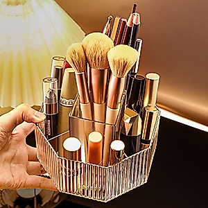 LINFIDITE 360°Rotating Makeup Brush Holder Cosmetic Display Case Clear Makeup Lip Gloss Organizer Case with 5 Slots Round Turntable Storage Tray for Vanity, Bathroom, Counter Organizer Clear Pink