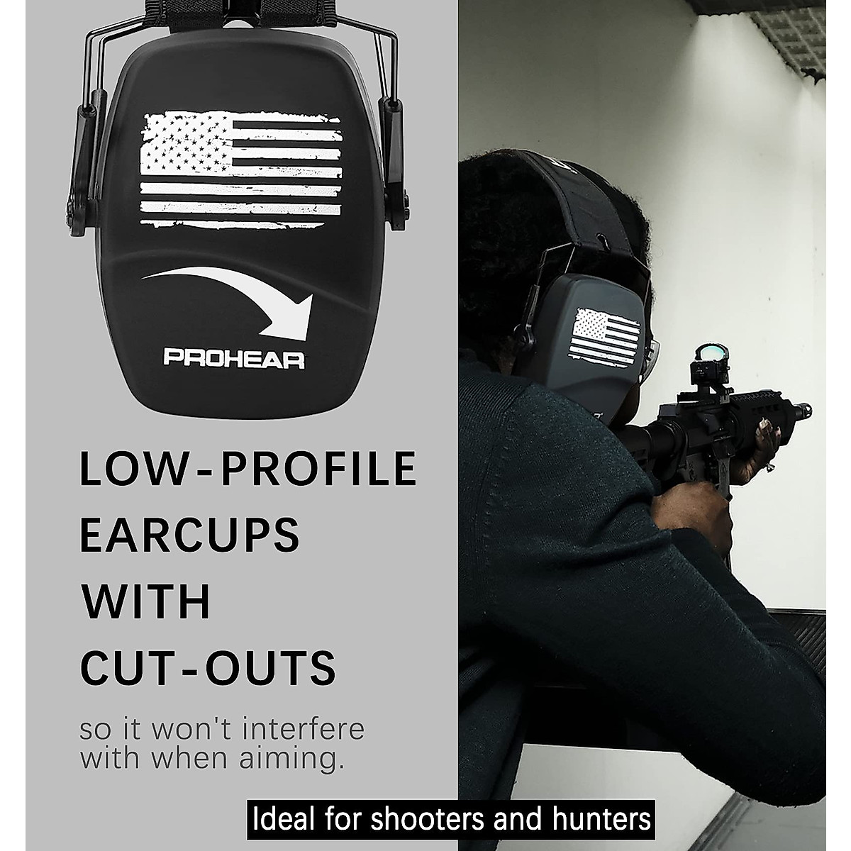 PROHEAR 016 Ear Protection Safety Earmuffs for Shooting, NRR 26dB Noise Reduction Slim Passive Hearing Protector with Low-Profile Earcups, Compact Foldable for Gun Range, Mowing (Patriot)