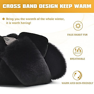 KuaiLu Womens Fuzzy Criss Cross Band Platform Slippers Back Strap Arch Support Furry Faux Fur Ladies Open Toe Slingback Slide Cozy Soft Plush Fleece Comfy House Shoes Sandals Indoor Outdoor Black 8