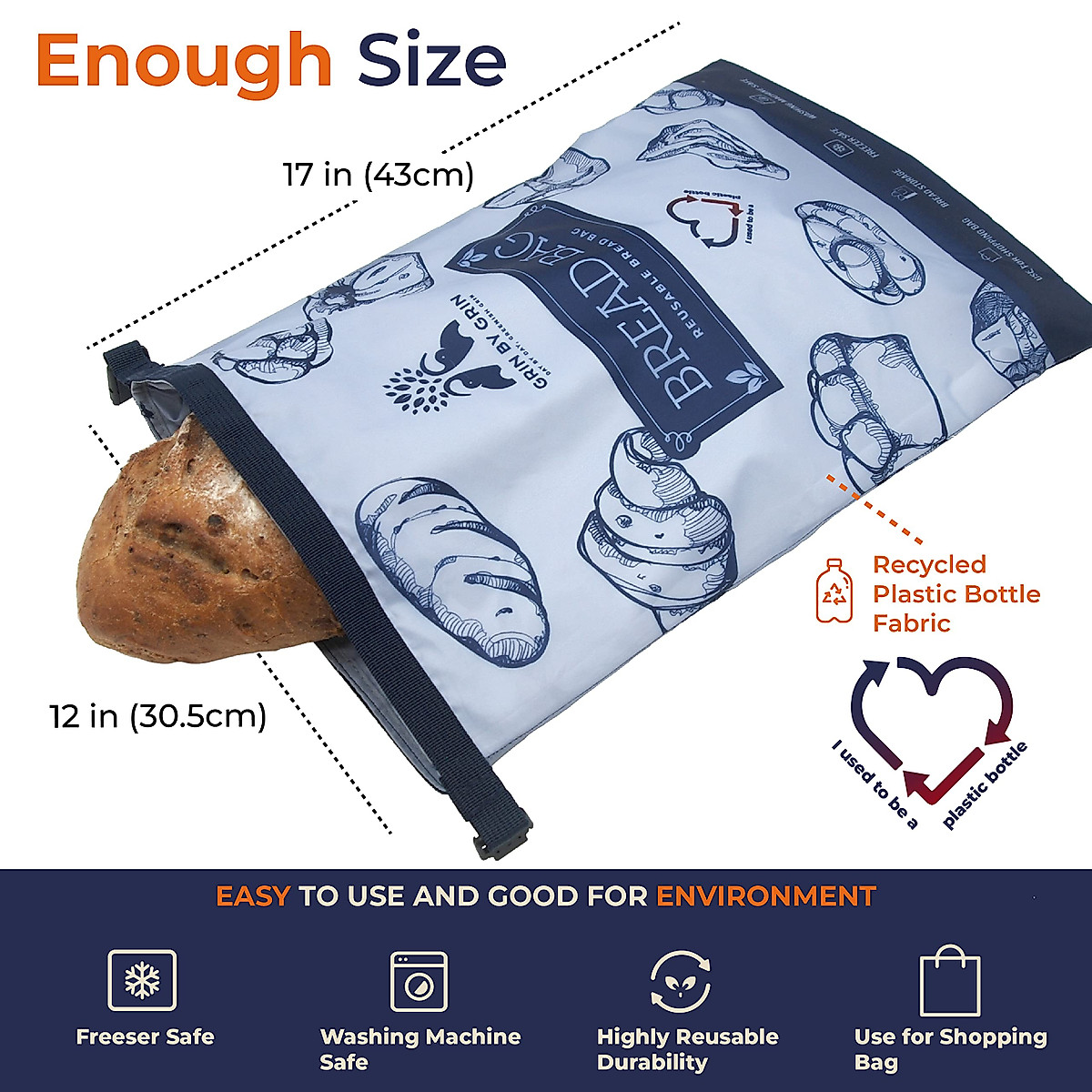 GRIN BY GRIN- 2 Packs Bread Bags to Keep Bread Fresh, Reusable Zipper Bread Bags for Homemade Bread Loaf, Freezer Bread Storage Bag, Bread Container, Fresh Keeping Extra Large Bread Bags, Reusable Food Storage Bag