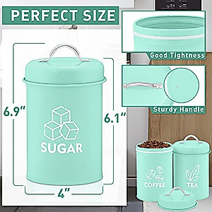 E-far Canister Sets for Kitchen Counter, 3-Piece Metal Tea Coffee Sugar Canister with Airtight Lid for Food Storage, Farmhouse Style & Small Size (6.1” x 4”)-Turquoise