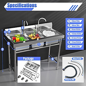 YIYIONCE 3 Compartment Sink 304 Stainless Steel Kitchen Sink Freestanding Utility Sink with 2 Hot & Cold Faucet Commercial Triple Bowl Sink for Bar, Restaurant Each Sink 11"L x 9"W x 7"H| US STOCK