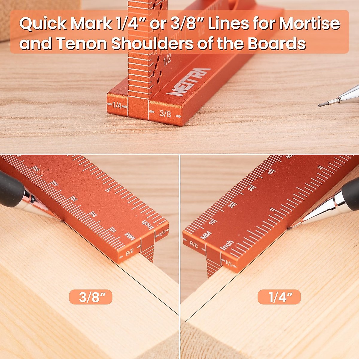 Neitra Small Square Ruler with Fixed Angle Pin, Accurate Compact Aluminum Alloy Mini Squares with Laser Etched Markings, Includes a Mechanical Pencil for Carpenter Woodworking Furniture Projects