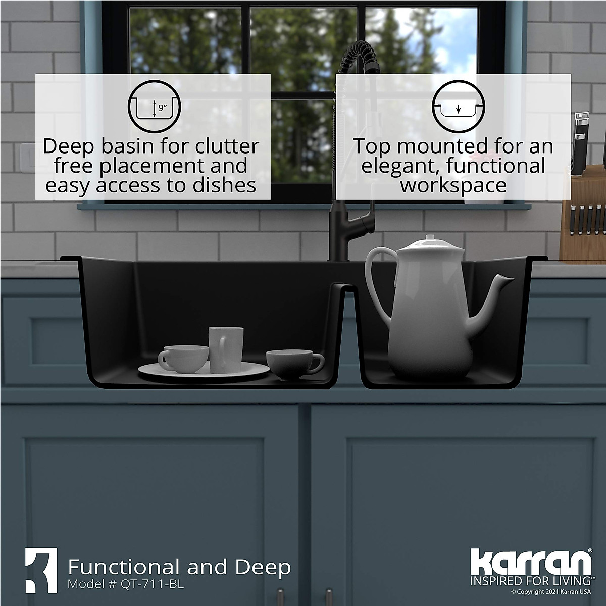 Karran QT-711 Drop-In Quartz Composite 33 in. 1-Hole 60/40 Double Bowl Kitchen Sink Kit in Black