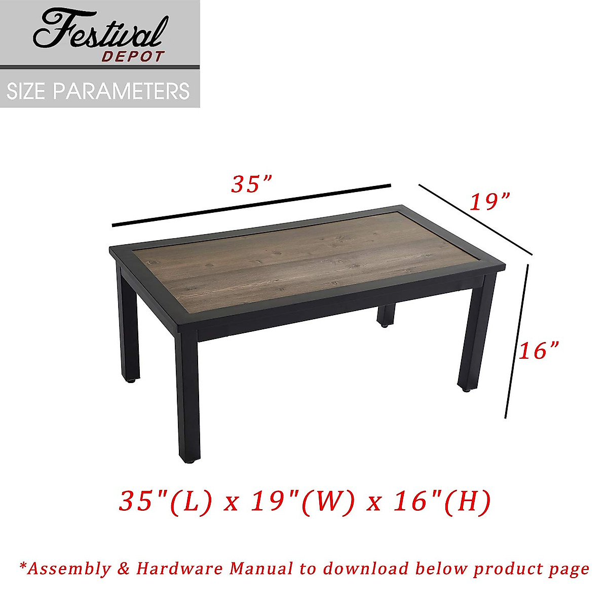 Festival Depot Patio Coffee Table Metal Table with Wood Grain Top Outdoor Furniture for Porch Garden (Rectangle)