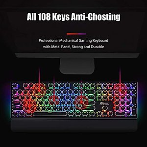 RK ROYAL KLUDGE S108 Typewriter Style Retro Mechanical Gaming Keyboard Wired with True RGB Backlit Collapsible Wrist Rest 108-Key Blue Switches Round Keycap - Black