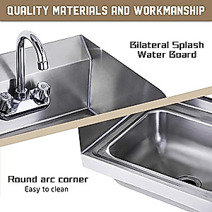 HALLY Stainless Steel Sink for Washing with Faucet and Side Splash, NSF Commercial Wall Mount Hand Basin for Restaurant, Kitchen and Home, 17 x 15 Inches