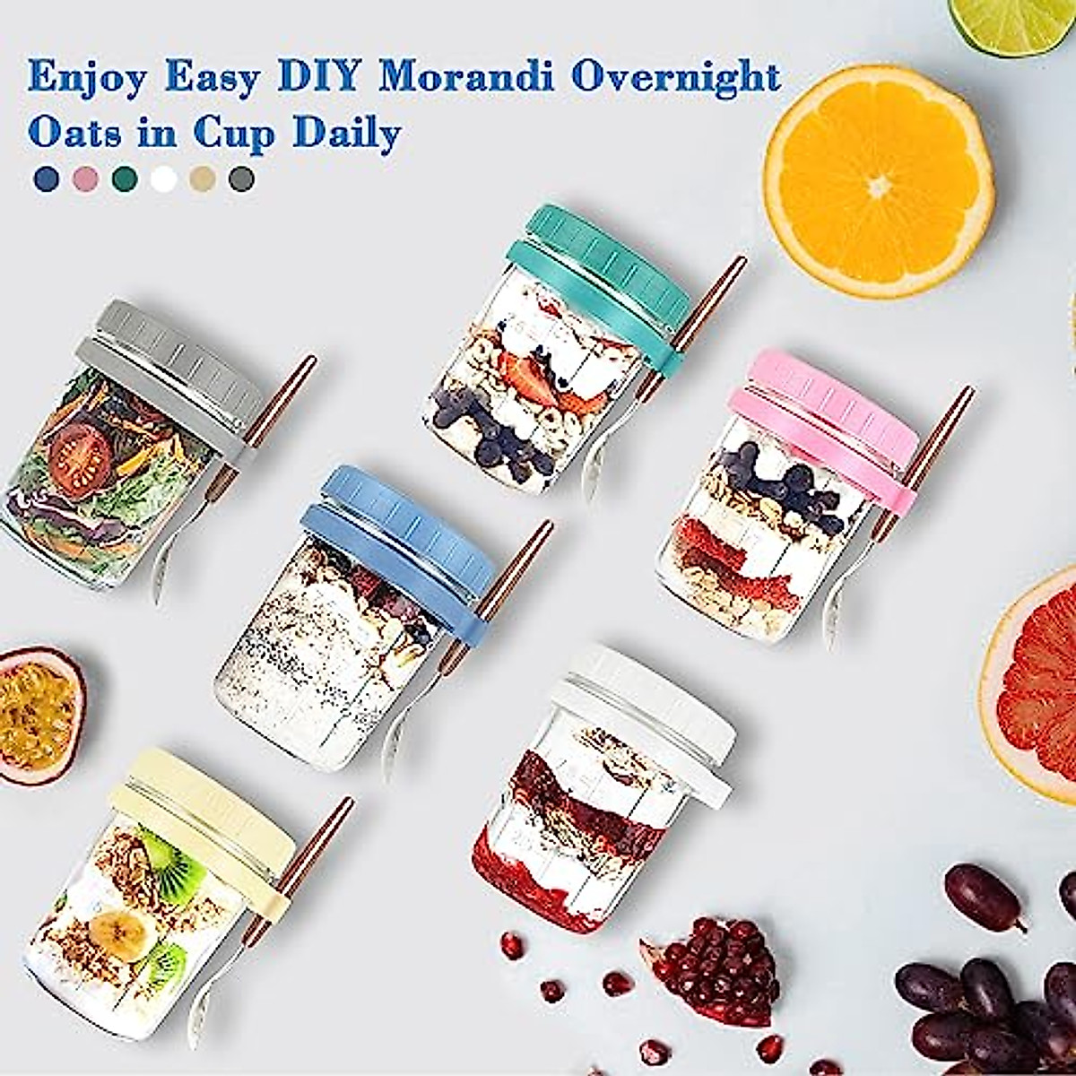 Morandi Overnight Oats Containers with Lids and Spoons 6 Pack, 16 OZ Glass Mason Jars for Overnight Oats Healthy Meal Prep, Oatmeal Container Storage for Cereal Milk Salad Chia Pudding