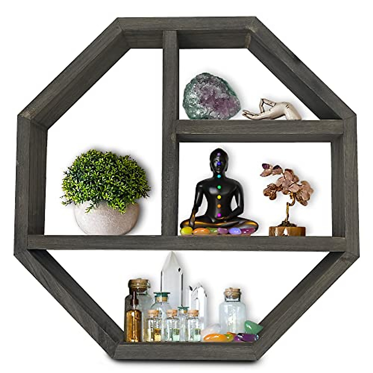 Asuare Wooden Hexagon Shelf | Floating Hexagon Shelf | Essential Oil Display | Crystal Display Shelf | Decor for Room, Bathroom, Living Room| Meditation Shelf