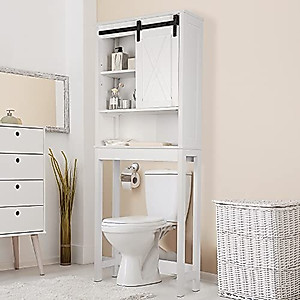 Xilingol Bathroom Storage Over The Toilet, Bathroom Cabinet Organizer with Adjustable Shelves and Sliding Doors, Wood Bathroom Space Saver, Wooden Frame, White
