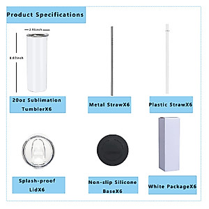 Mazoho 6 Pack Sublimation BlanksTumblers Bulk 20 oz Skinny Straight Tumbler for Heat Transfer, Vacuum Insulation Double Wall Stainless Steel Tumbler with Lid and Straw,Individually Boxed