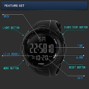 Men's Digital Sports Watch Waterproof Military Electronic Stopwatch for Men with Auto Date Alarm LED Backlight Chronograph Black