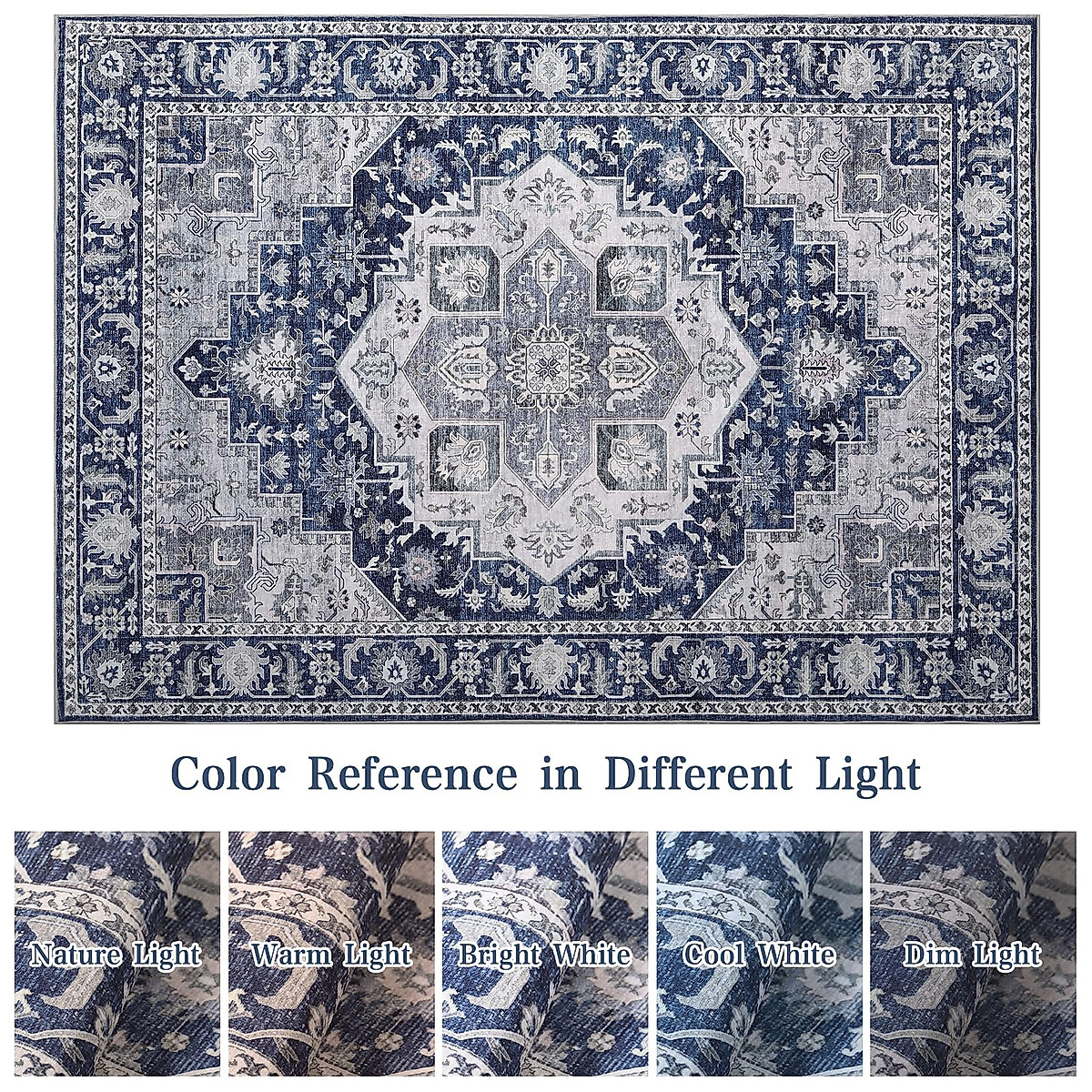 DUKINO 5x7 Rugs for Living Room, Soft Non-Slip Washable Area Rugs, Faux Wool Bedroom Rug with Non-Shedding, Indoor Low-Pile Boho Rugs for Dining Room, Home Office, Blue