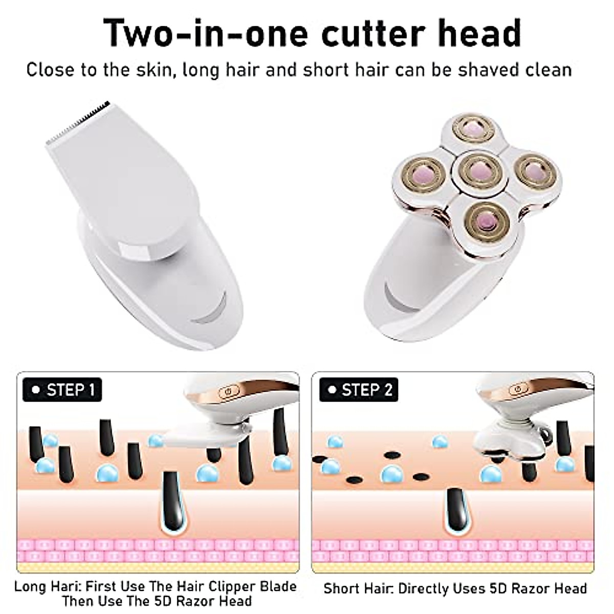 Electric Razors for Womens, 2-in-1 Best Shaver for Women, Rechargeable Trimmer with Detachable Head for Women's Legs, Bikini, Face, Lips Hairs, Cordless Wet Dry Facial Hair Removal for Women