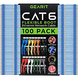 GearIT 100-Pack Cat6 Patch Cable 3 Feet Cat 6 Ethernet Cable Snagless Flexible Soft Tab - Preimum Series - Blue